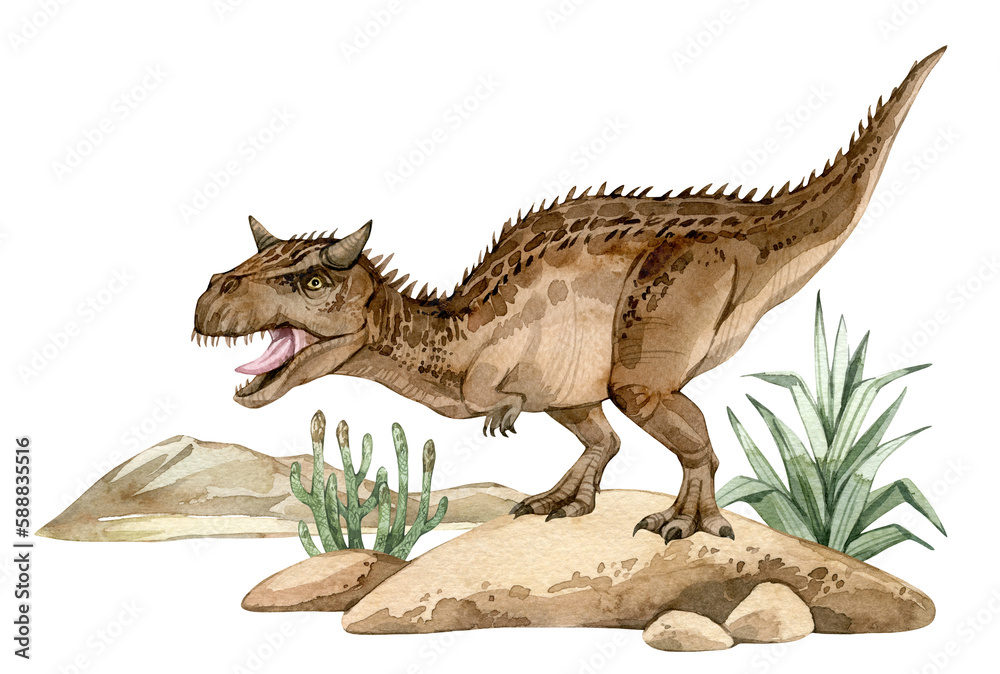 Watercolor dinosaur illustration with prehistoric landscape. Hand drawn ...