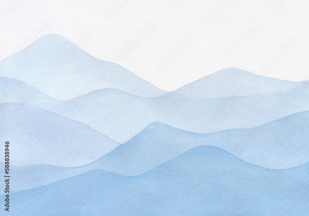 Abstract, textural, blue, watercolor background with a landscape of ...