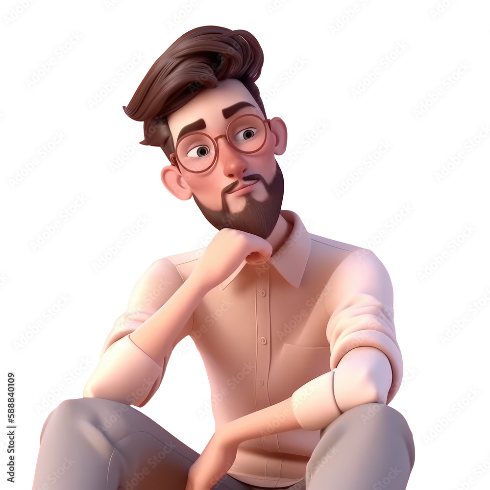 3D icon avatar cartoon hipster character, stylish pensive man with ...