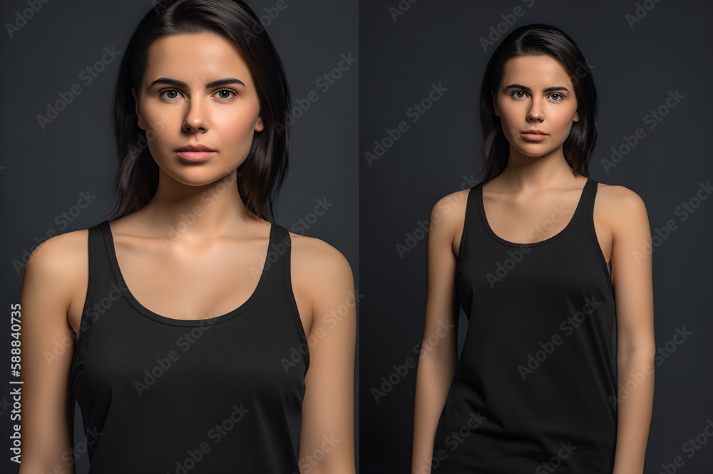 ภาพประกอบสต็อก Generative AI. Blank Black Tank top Mock up on Female ...