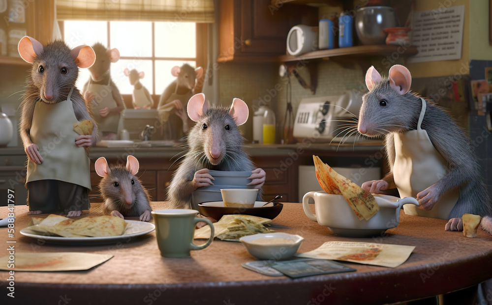 Rat family activities in the kitchen. An imagined scene of a very cute ...
