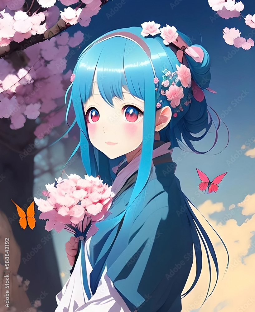 Beautiful girl in kimono dress with blue hair with sakura flowers ...