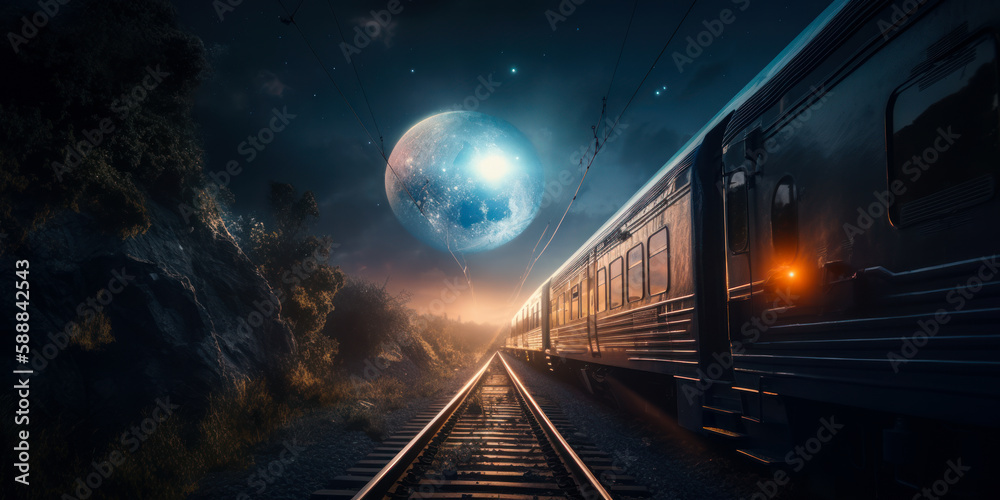 Passenger train having a night journey. Beautiful huge neon Moon is in ...