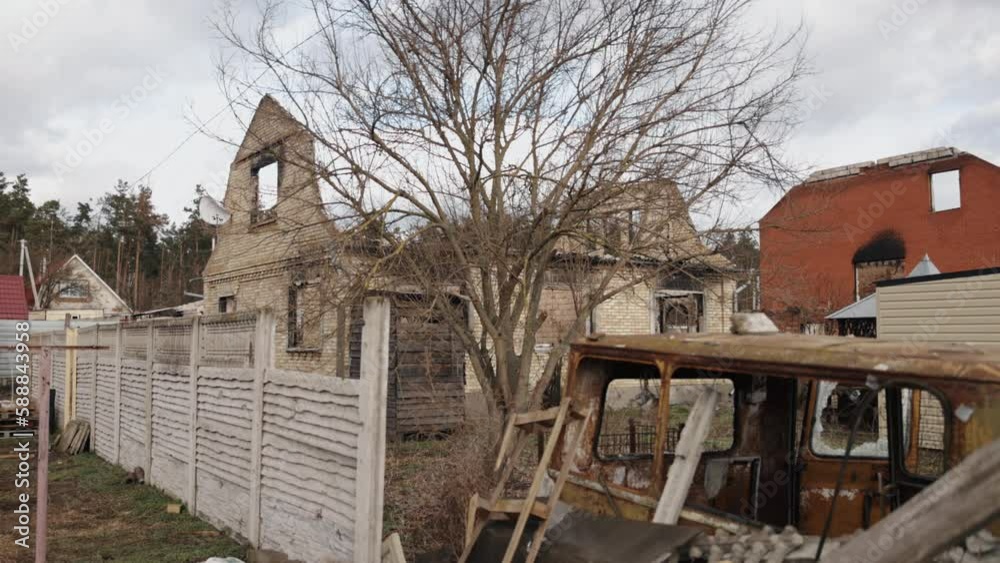 residential building, shell explosion, Gray debris. In aftermath of war ...