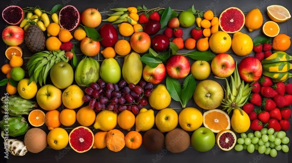 Knolling layout of several colorful fruits lying on ground, birds eye ...