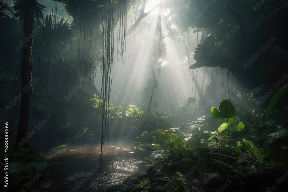Jungle with light rays coming from above created with generative AI ...
