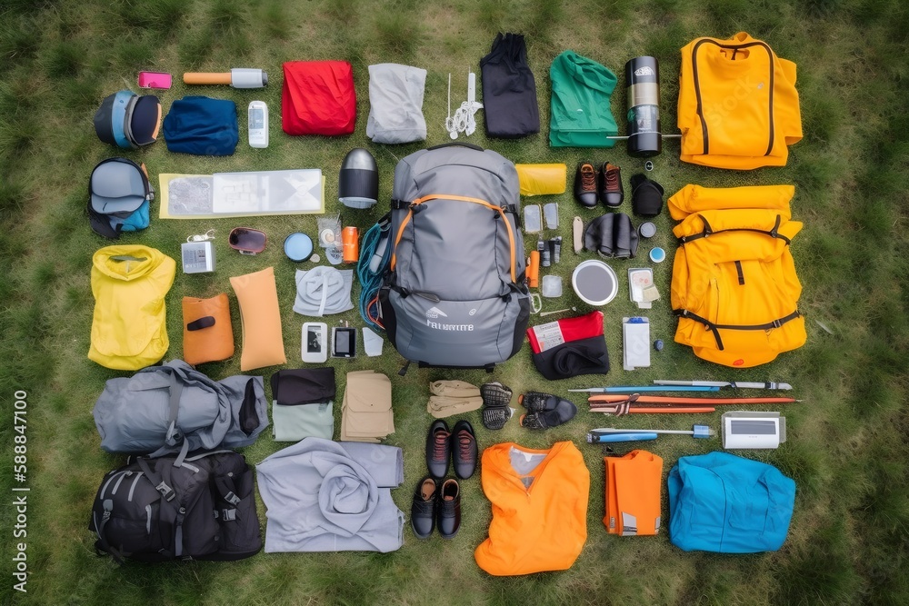 Knolling layout of backpack travel packing list for summer, colorful ...