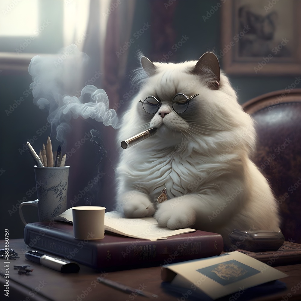 A cat smoking cigar while sitting on an office chair and working on ...
