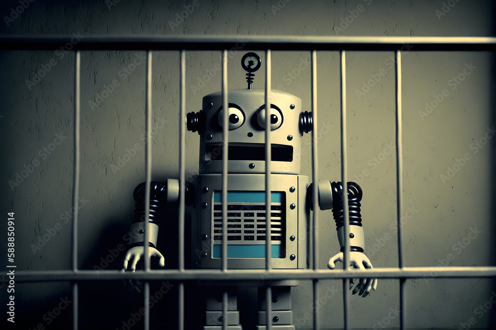 Cartoonish robot in jail behind the bars. AI crime concept. Digitally ...