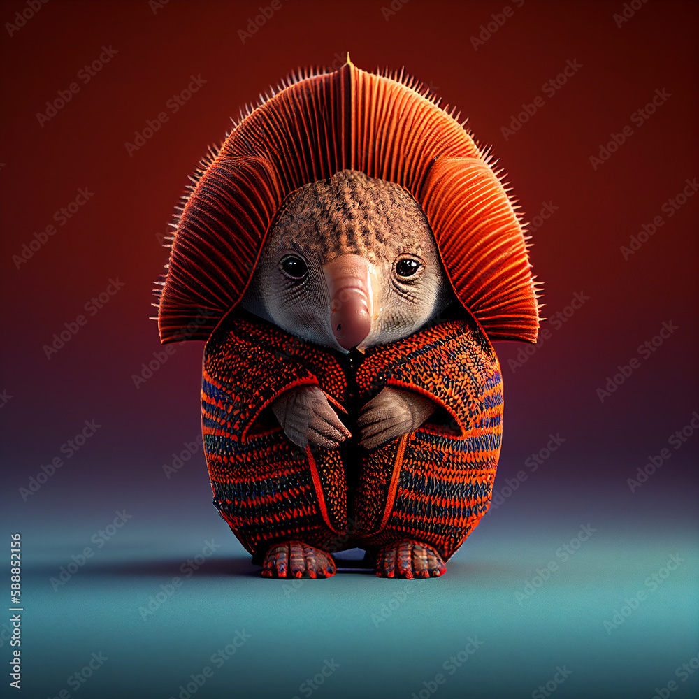 Realistic lifelike mini Baby armadillo in striking colourful boho outfit suit, mod ethnic boho ...