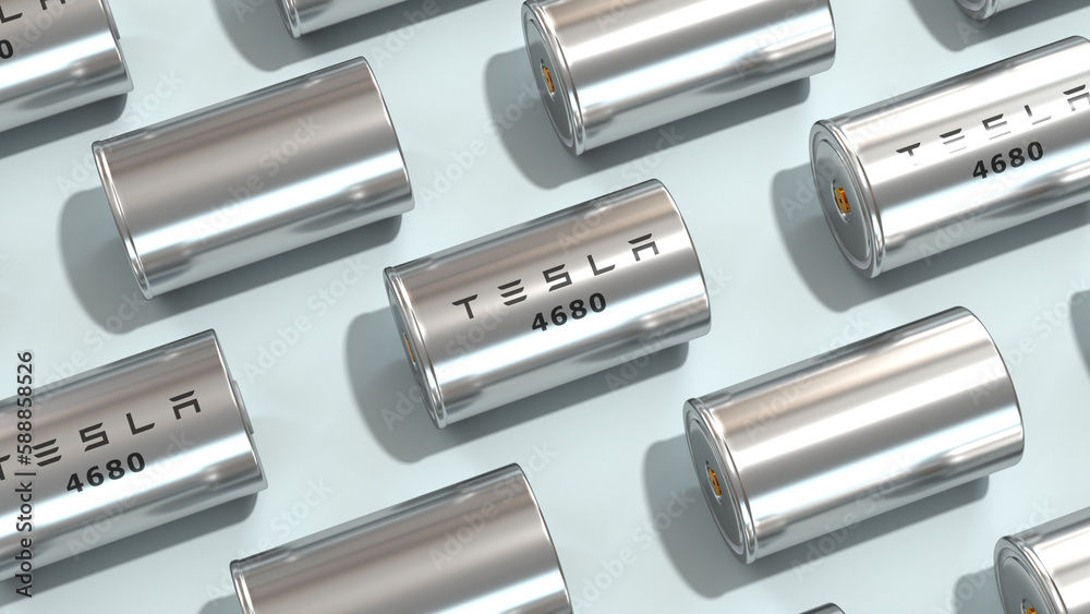 4680 Tesla Batteries with logo, High-capacity accumulator cell modules ...