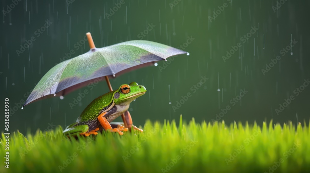 Playful Frog with Umbrella Amidst Raindrops, Endearing Scene ...