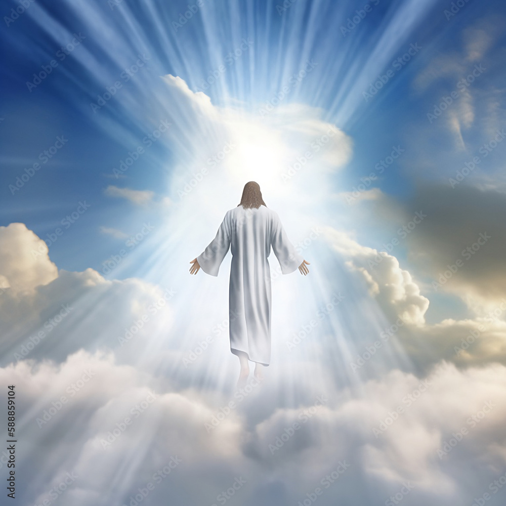 Jesus Christ ascending to heaven in the clouds after resurrection on ...