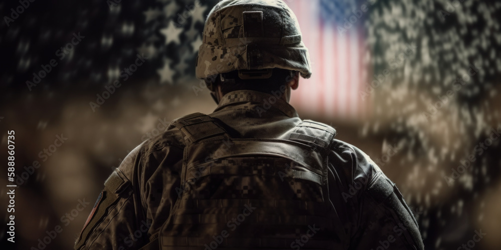 US soldier viewed from back on waving american flag background and ...
