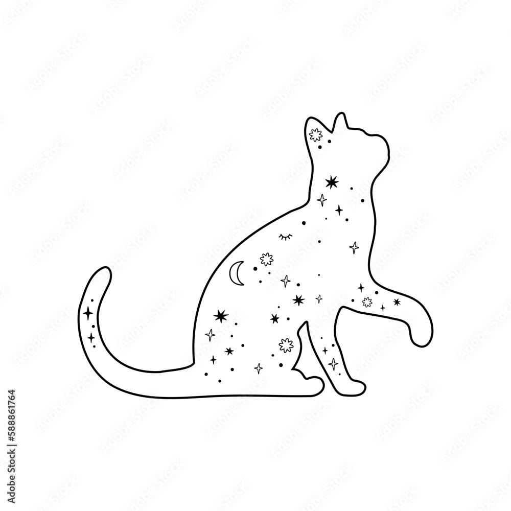 Vetor de Celestial cat hand drawn in line art. Mysterious black moon ...