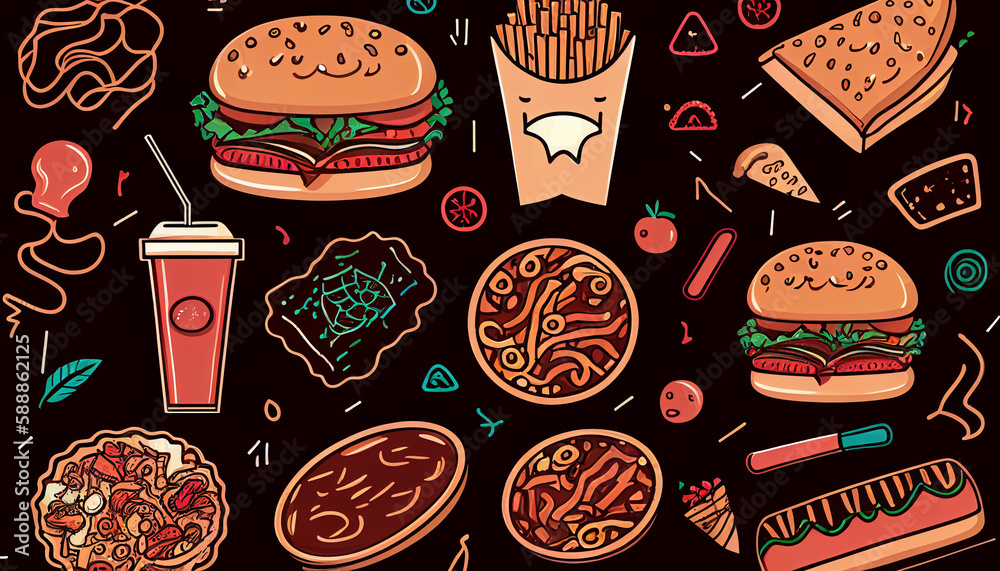 Blackboard background with fast foods. junk food frame blackboard ...