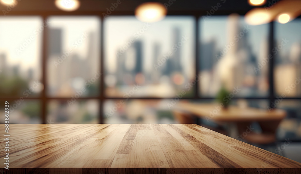 Blank empty wooden bar tabletop focused with blurry bokeh light of city ...
