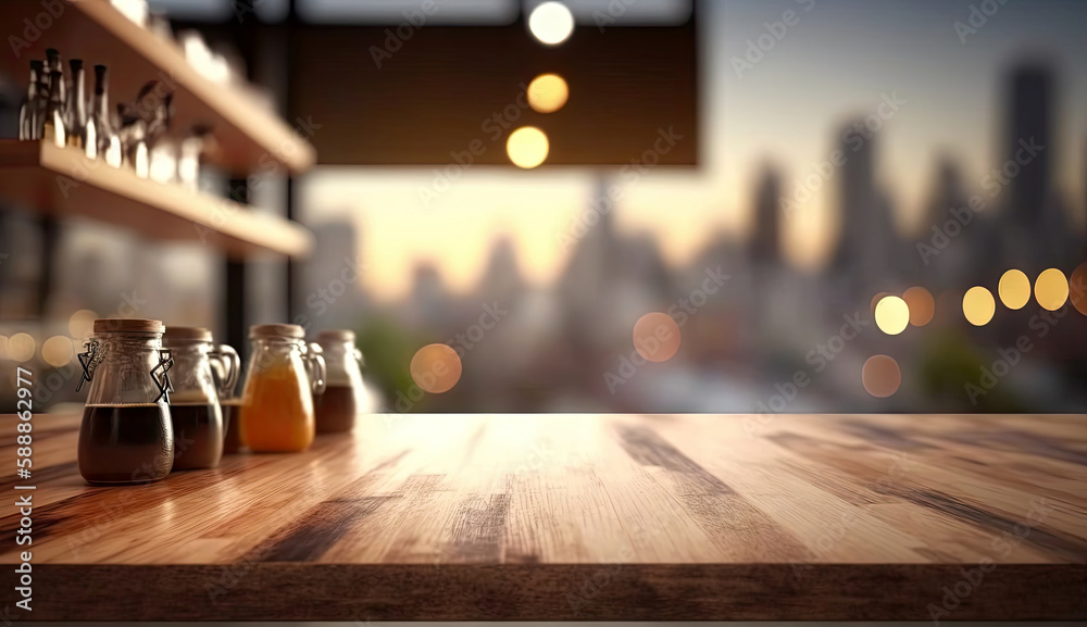 Blank empty wooden bar tabletop focused with blurry bokeh light of city ...