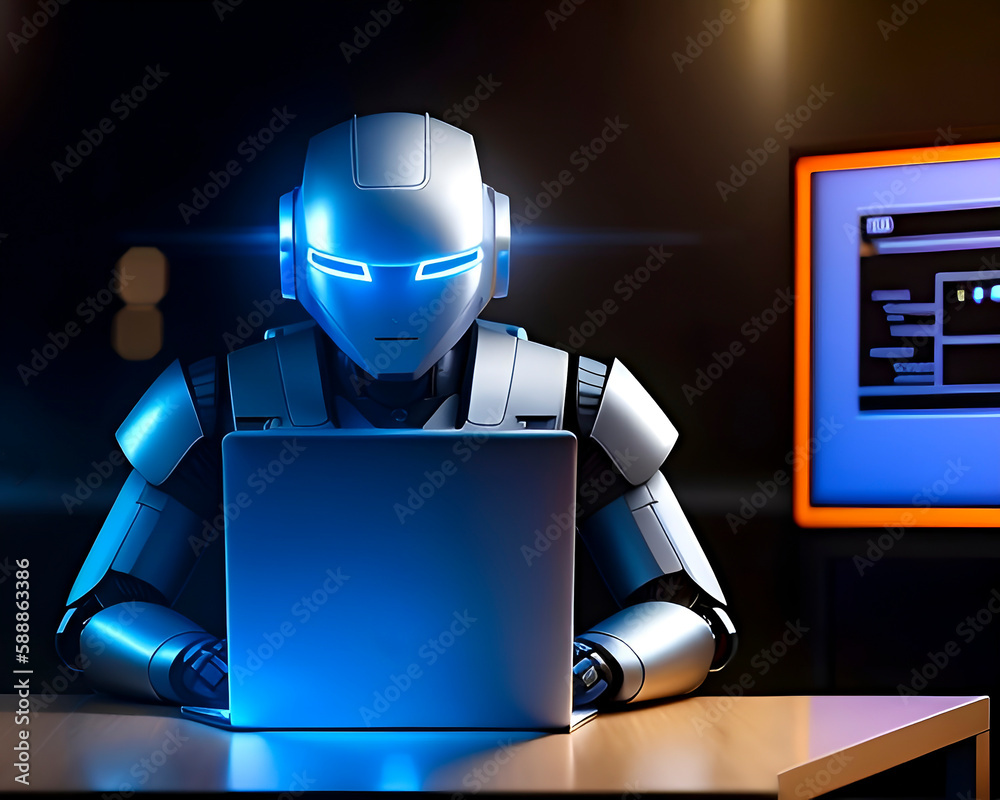 artificial intelligence. Robot works with laptop at table in dark room background with gadgets ...