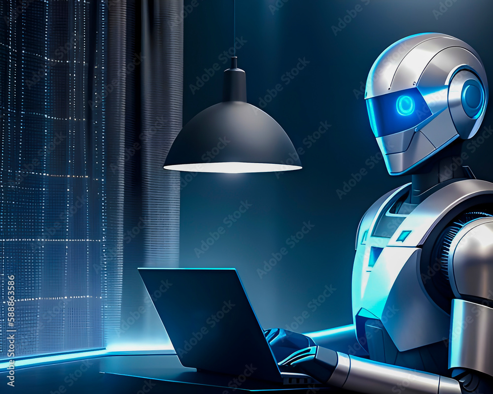 artificial intelligence work. Robot works with laptop at table in room background with gadgets ...