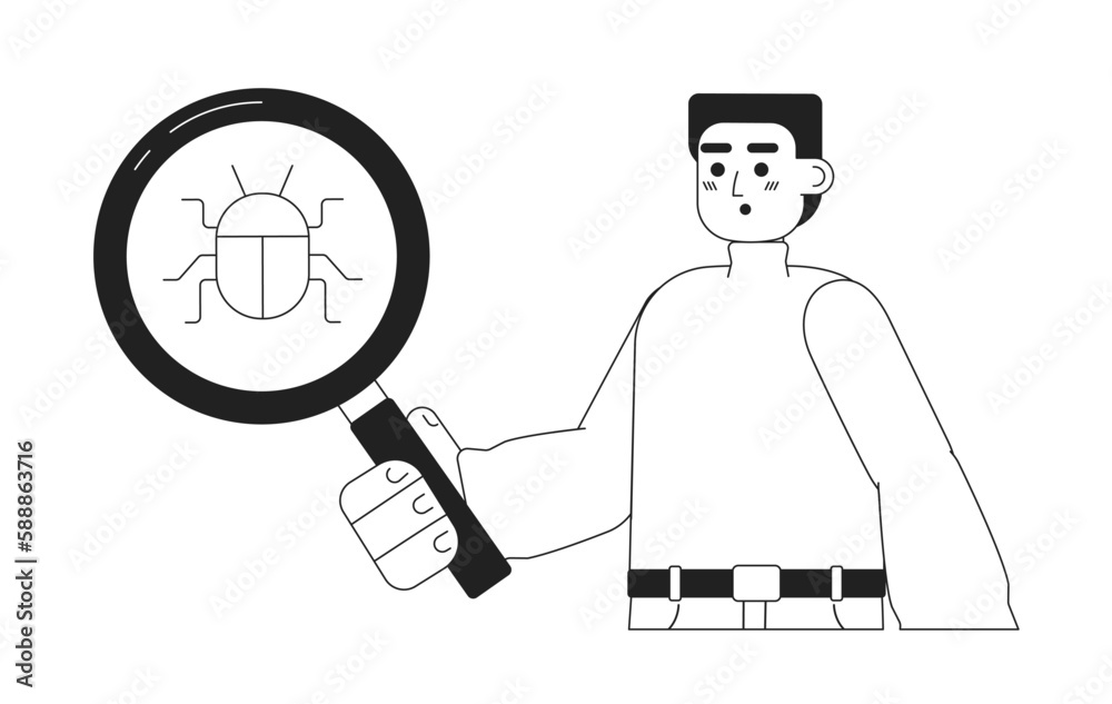 Bug tester with magnifying glass black and white concept vector spot ...