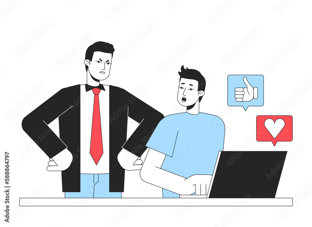 Social media distractions at work line concept vector spot illustration ...