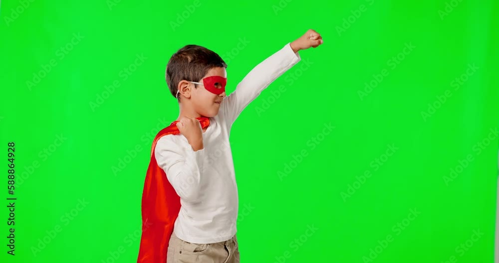 Flying, superhero and playing with child on green screen mockup for ...