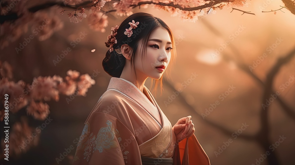 Portrait of a fictional Japanese woman model in a traditional pink ...