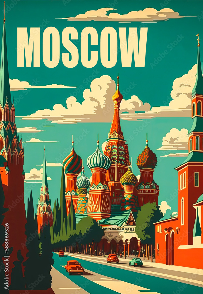 Vintage 1950s poster of Moscow with the Kremlin and St. Basil's ...