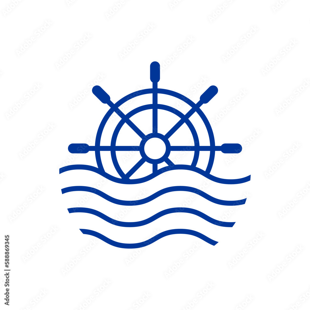 Logo Nautical. Timón de barco lineal con olas de mar Stock Vector ...