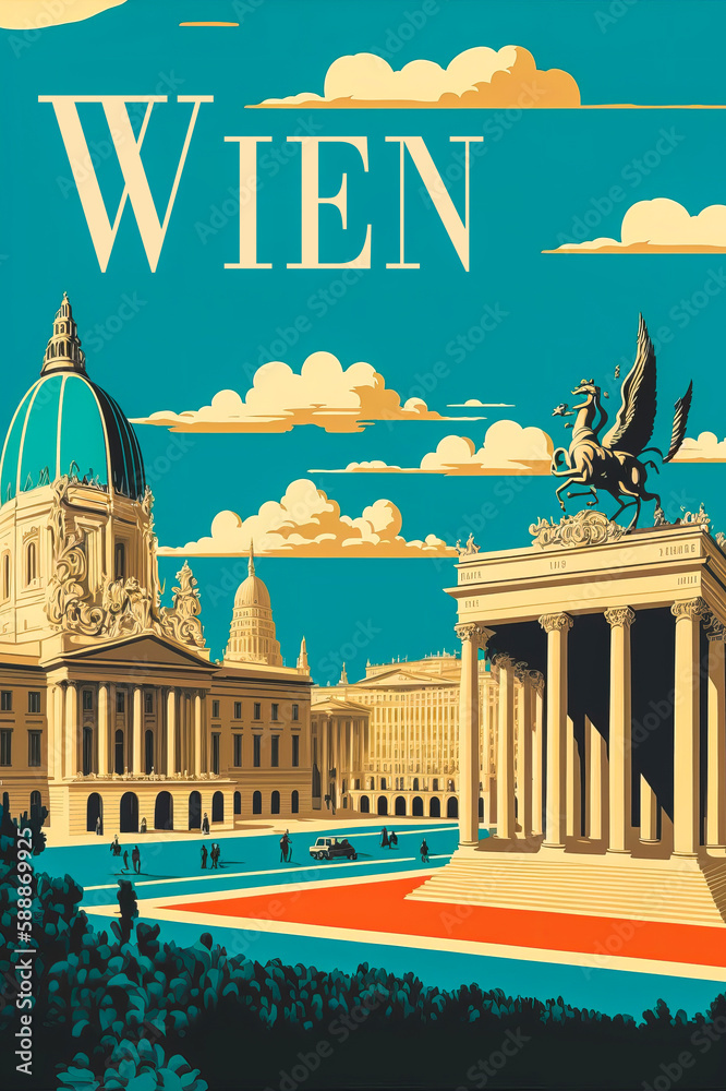 Vintage 1950 Vienna poster featuring Opera National & Belvedere Palace ...