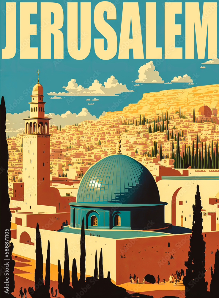 1960s vintage poster of Jerusalem featuring iconic landmarks like the ...
