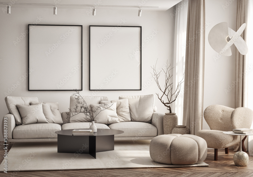 Mockup poster frame on the wall of living room. Luxurious apartment ...