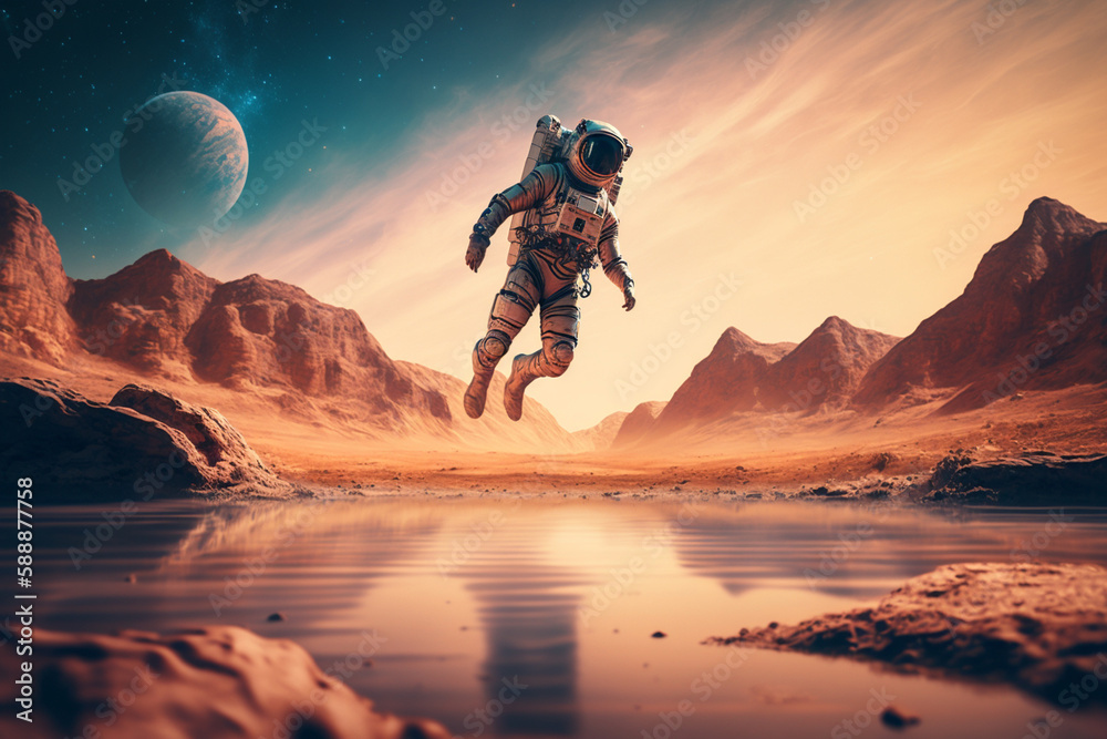Astronaut floating in the air on an Alien Planet Illustration ...