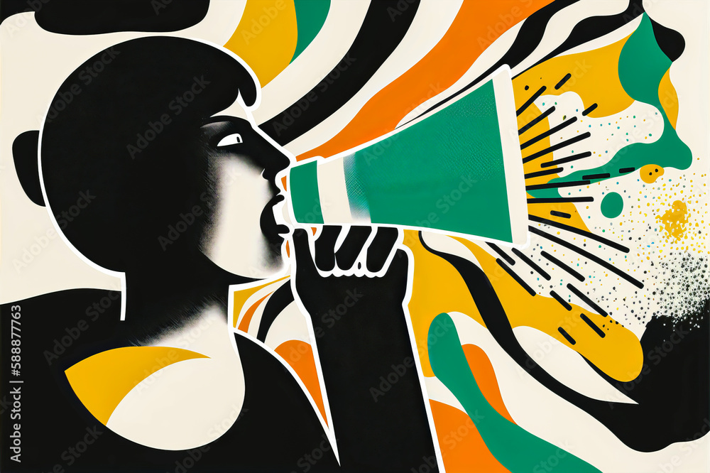 Abstract illustration of a person holding a microphone or megaphone ...