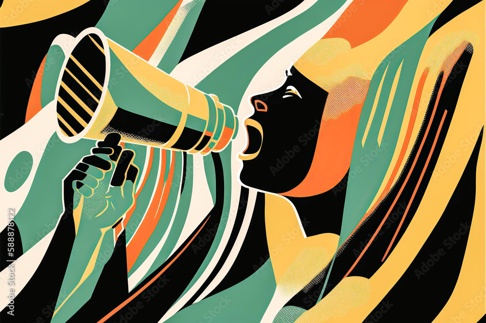 Abstract illustration showing a person trying to be heard in a chaotic ...