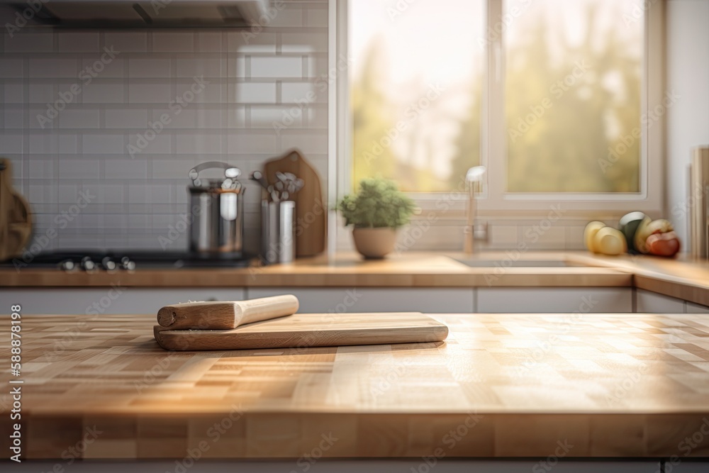 Background of a wood table or counter in a kitchen. Top surface ...