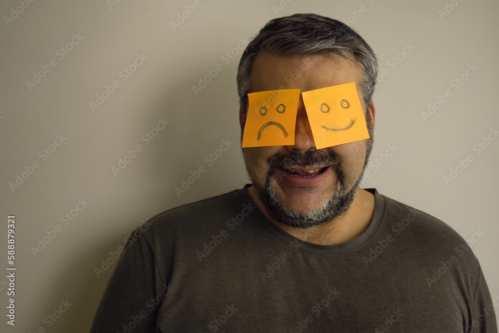 male Person. Portrait of overworked man with stickers on eyes. isolated ...