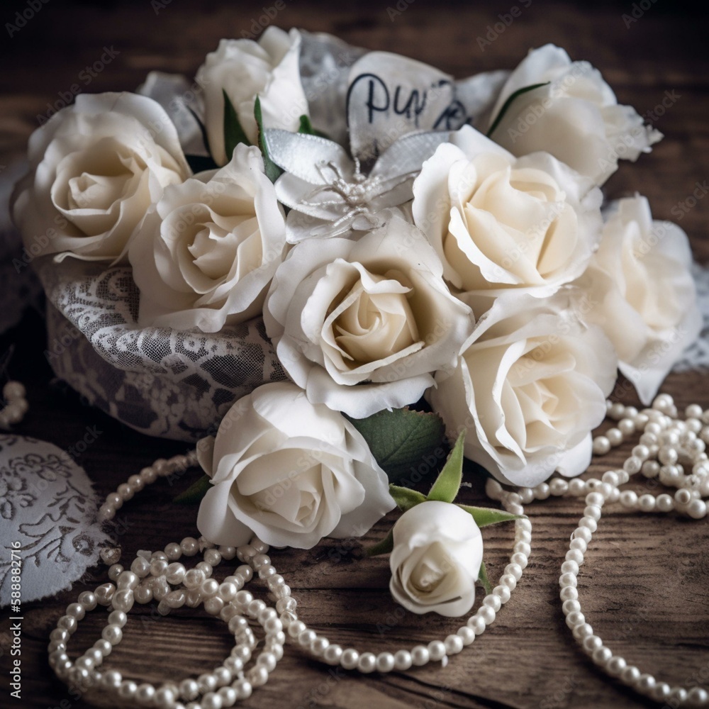 Generate a birthday congratulations for a girl with white roses, pearls ...