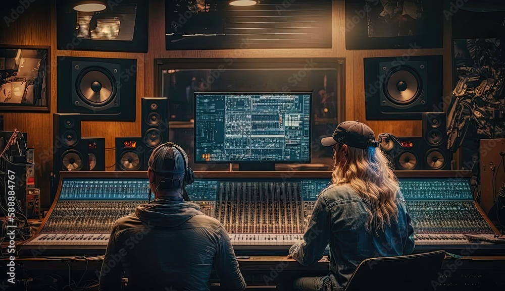 In the recording studio, people collaborate on music production ...