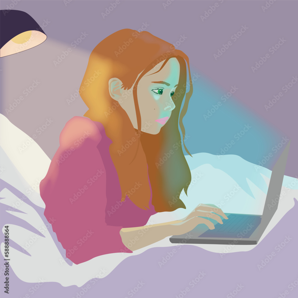 Chica Usando Su Computadora PortÁtil En La Cama Stock Vector Adobe Stock