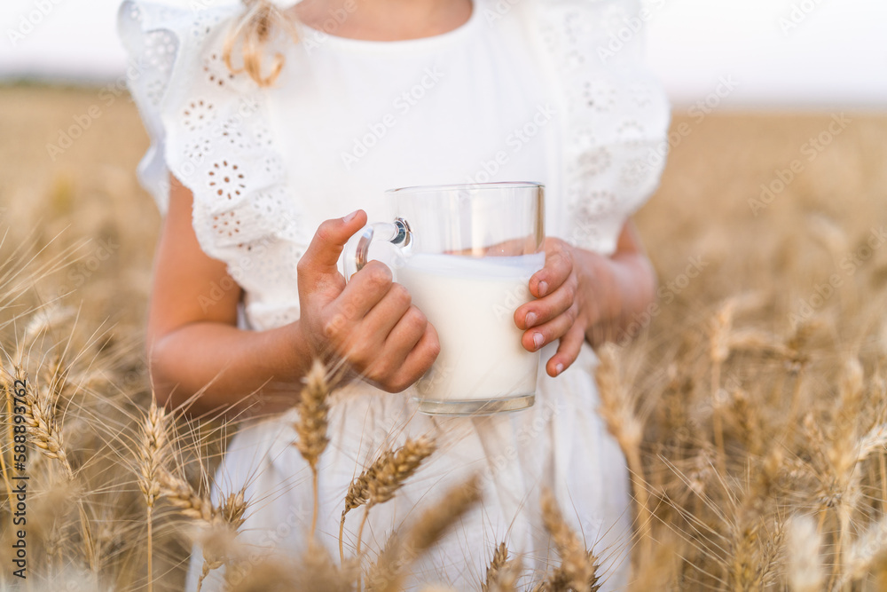 little blonde girl with pigtails in a rye field with a mug of milk, the ...