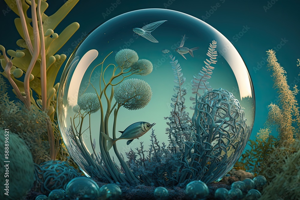 Abstract biosphere in a bubble. Ecosystem in a fish bowl. Environmental ...