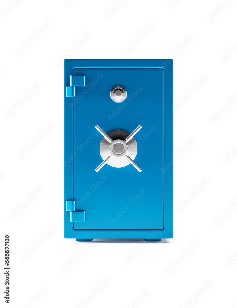 Large vertical closed blue metal safe isolated on white background ...