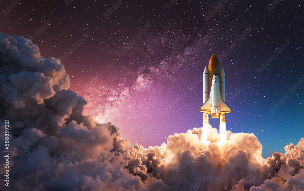 Spaceship takes off into the night sky. Rocket launch with enormous ...