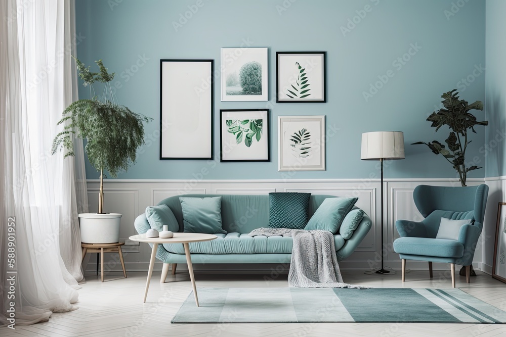a single color, monochromatic scene of a light blue interior space with ...