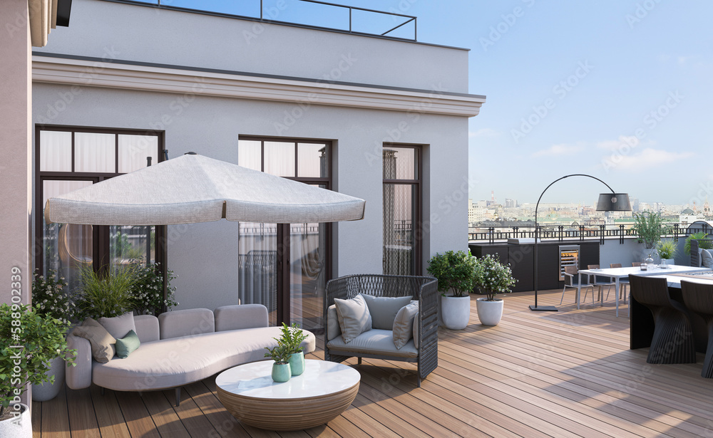 Residential building luxary roof terrace with furniture and pool ...