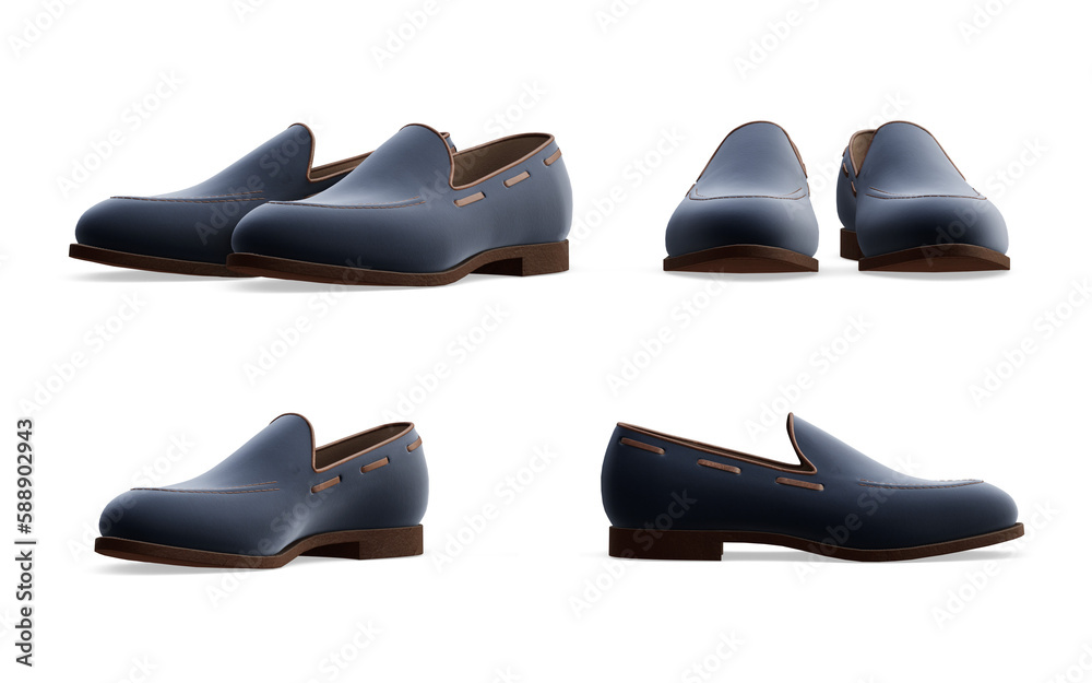 Blue suede loafer shoes from different angles isolated on transparent ...