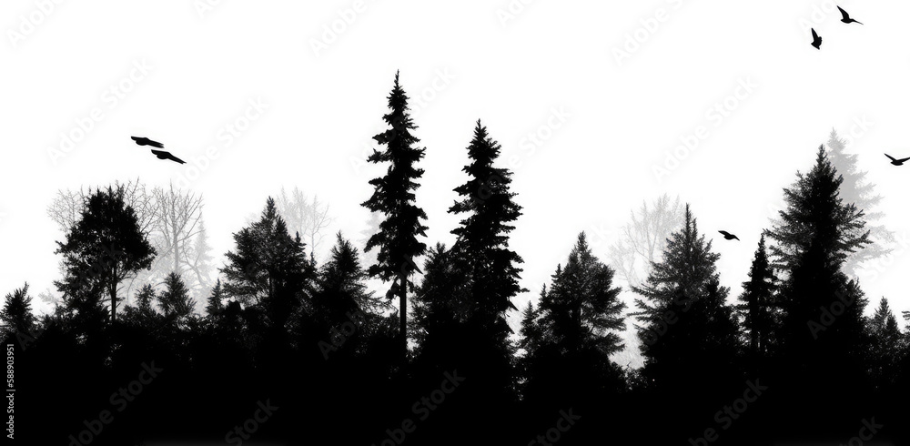 Horizontally seamless grayscale forest silhouette on pure white ...