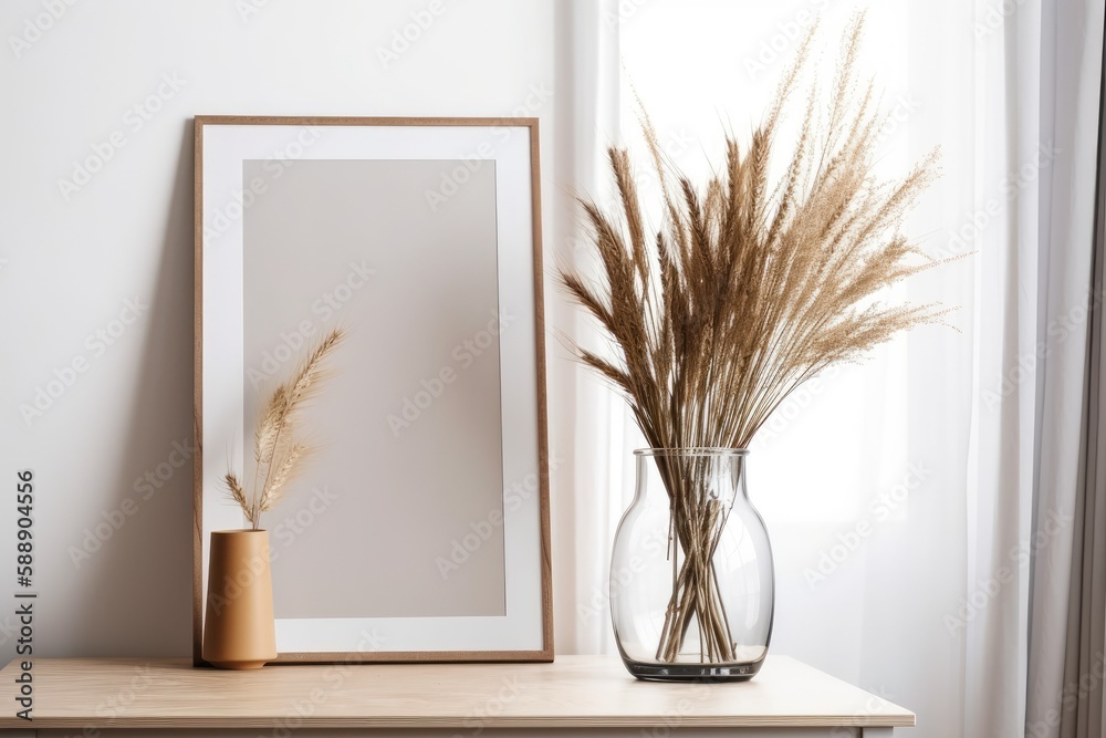 Mockup of a vertical frame with a wild rye bouquet in a glass vase ...